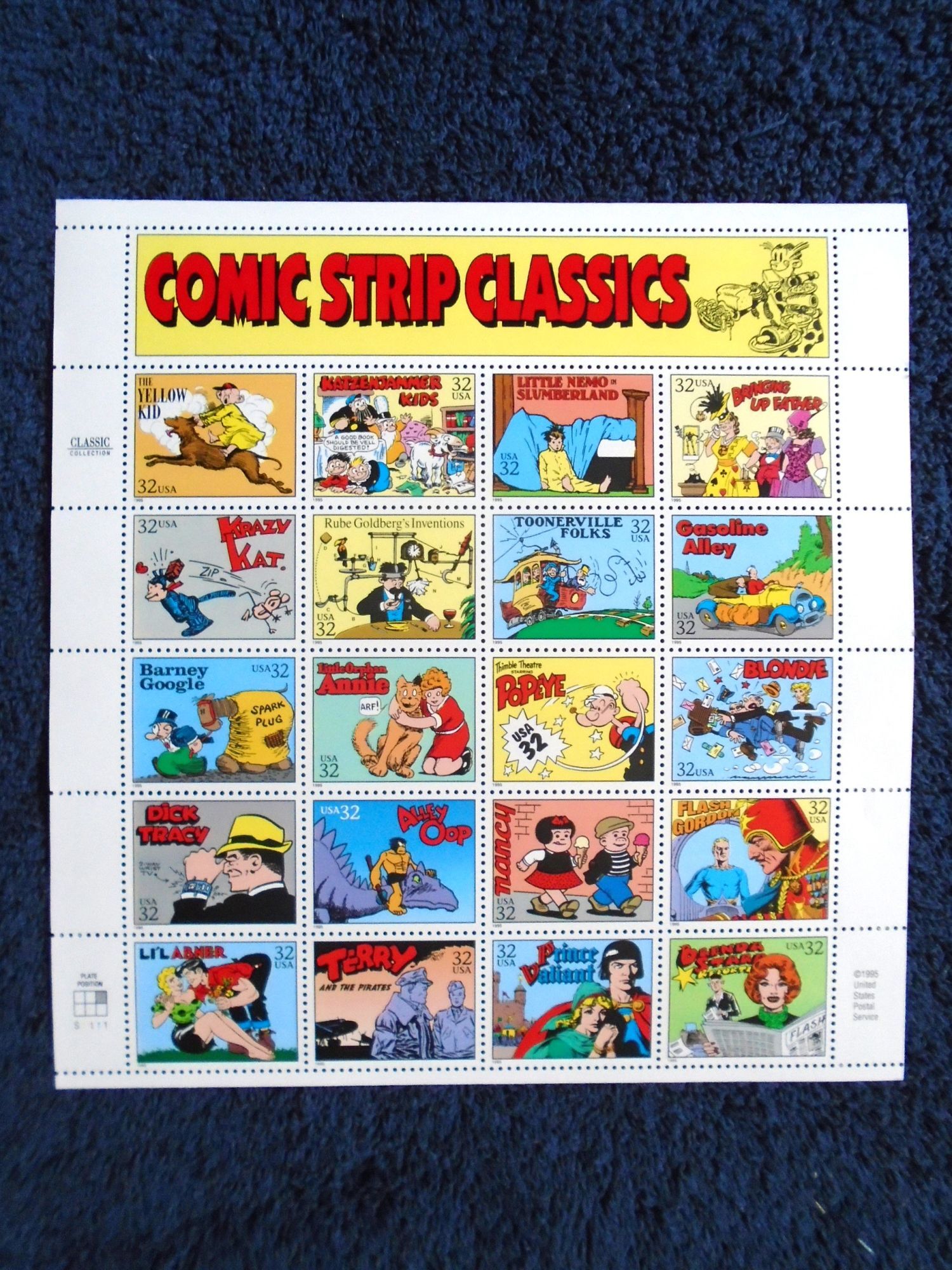 U.S. COMMEMORATIVE SHEET; COMIC STRIP CLASSICS, FULL PANE OF 20 32¢ STAMPS